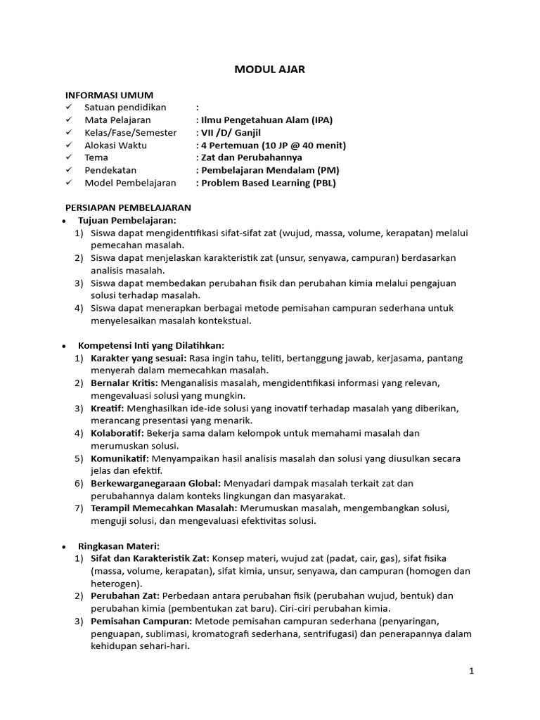 Modul Ajar SMP Kelas Vii SMT Ganjil Ipa - PBL | PDF