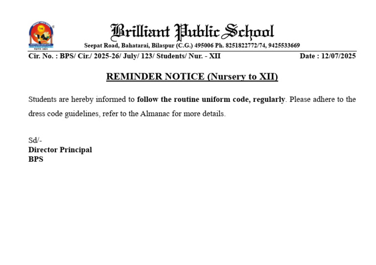 Brilliant Public School: Reminder Notice (Nursery To Xii) | PDF
