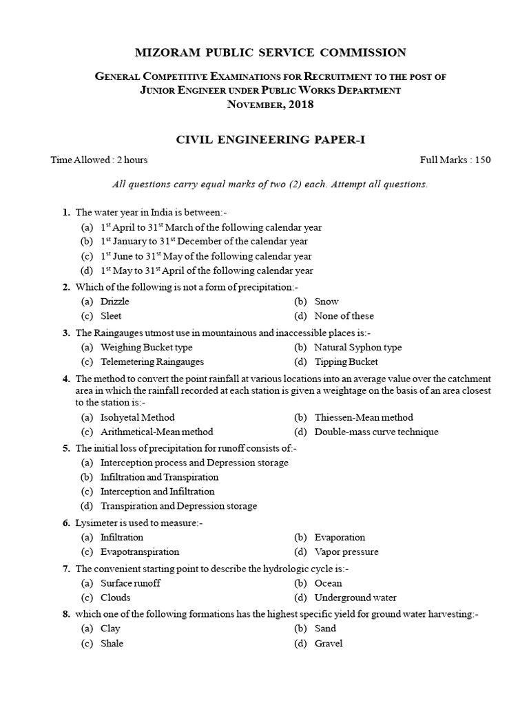 Je Civil Engineering Paper I | PDF | Deep Foundation | Precipitation