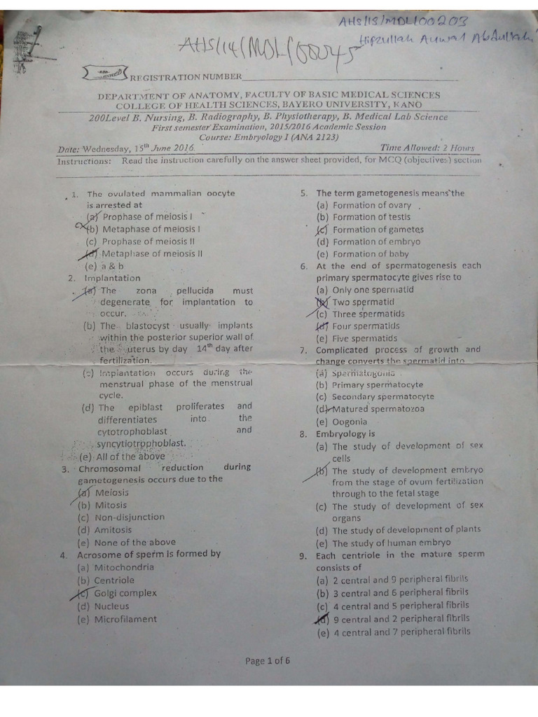 Embryology 1 Pass Questions For Medical Students | PDF