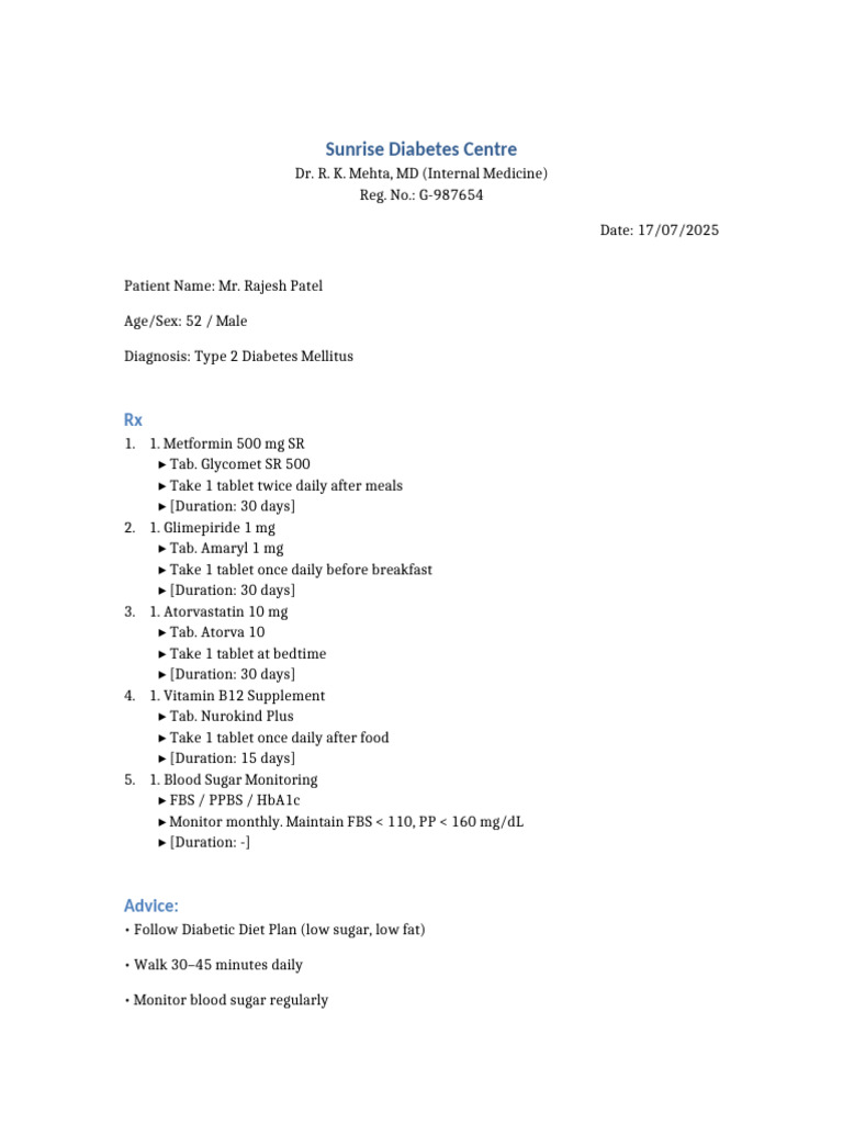 Diabetes Prescription Format | PDF