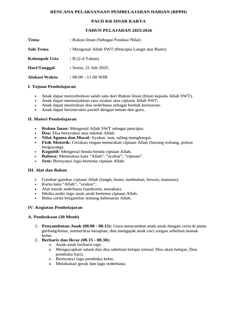 RPPH Paud KB Sinar Karya | PDF
