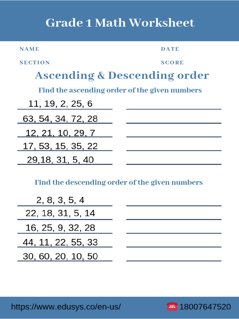 Grade 1 Ascending & Descending Worksheet | PDF