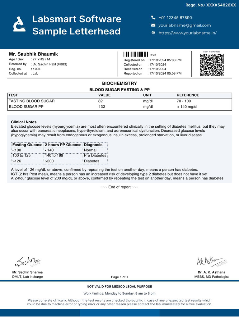 Blood Sugar Fasting and PP Report Format | PDF