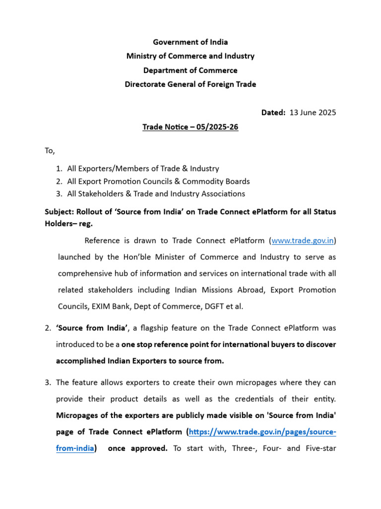 Rollout of Source From India' On Trade Connect Eplatform | PDF | Login