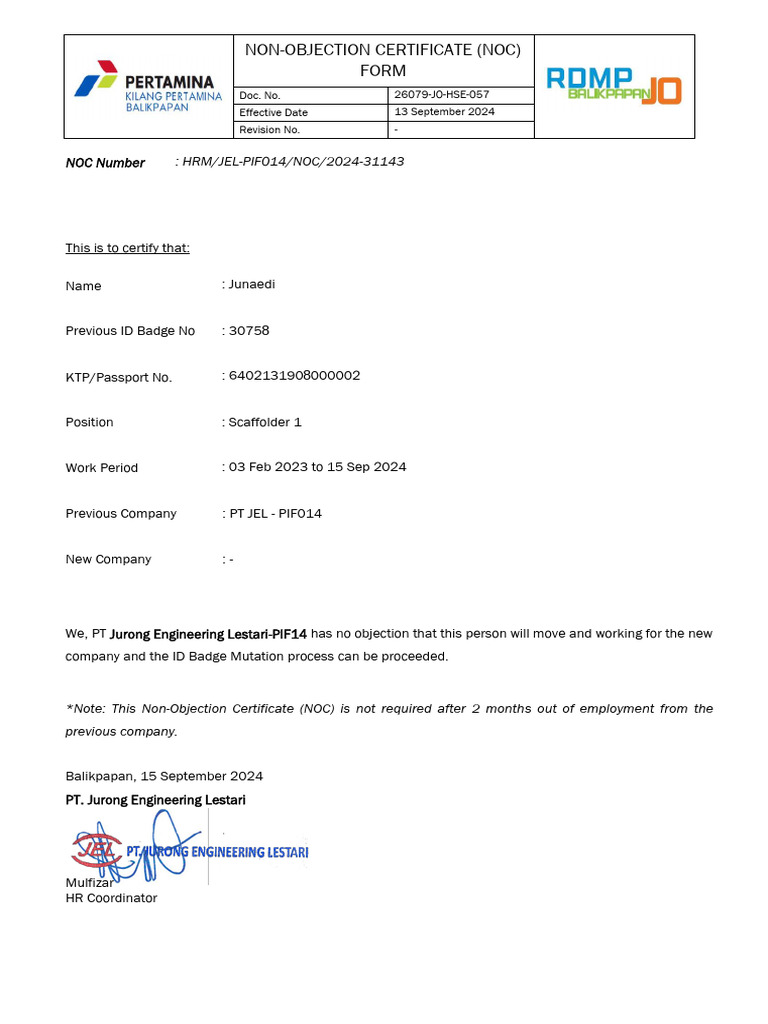 Non-Objection Certificate (Noc) Form: NOC Number: HRM/JEL-PIF014/NOC ...