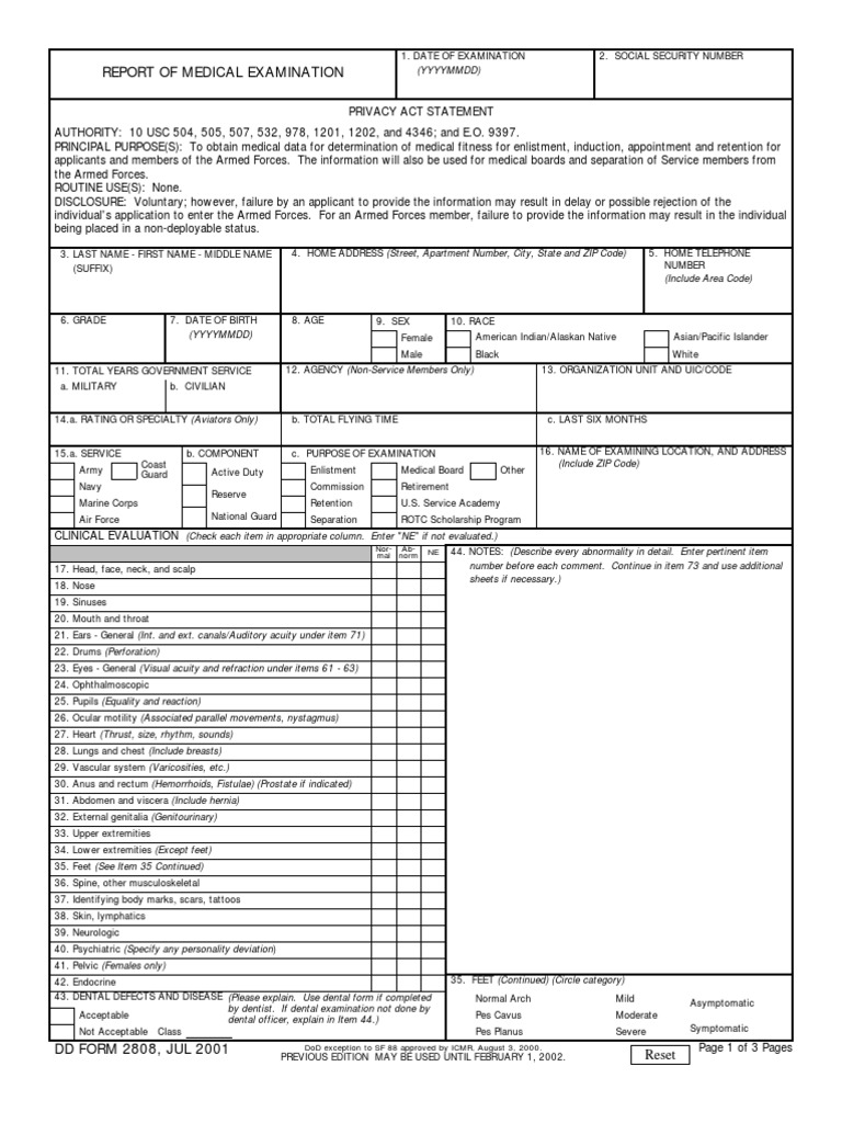 DD2808Report of Medical Examination | United States Armed Forces | Race ...