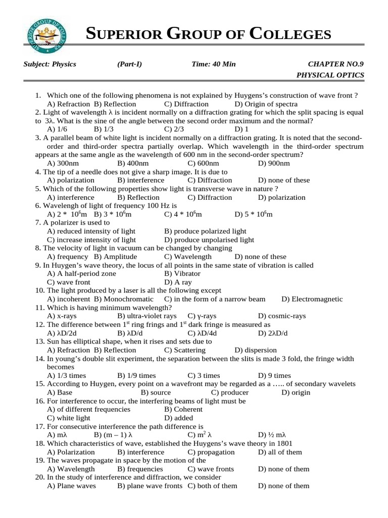 Physics Chapter 9: Physical Optics Quiz | PDF | Diffraction | Wavelength