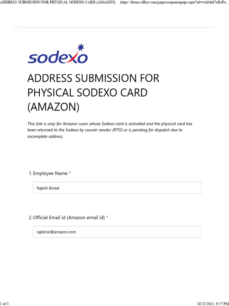 Address Submission For Physical Sodexo Card (Amazon) | PDF