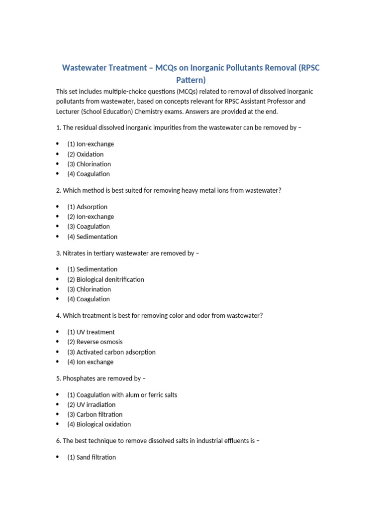 Inorganic Waste Removal Wastewater RPSC MCQs | PDF | Water Purification | Ion Exchange