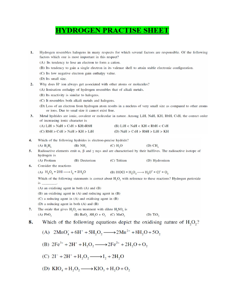 Hydrogen Practise Sheet | PDF