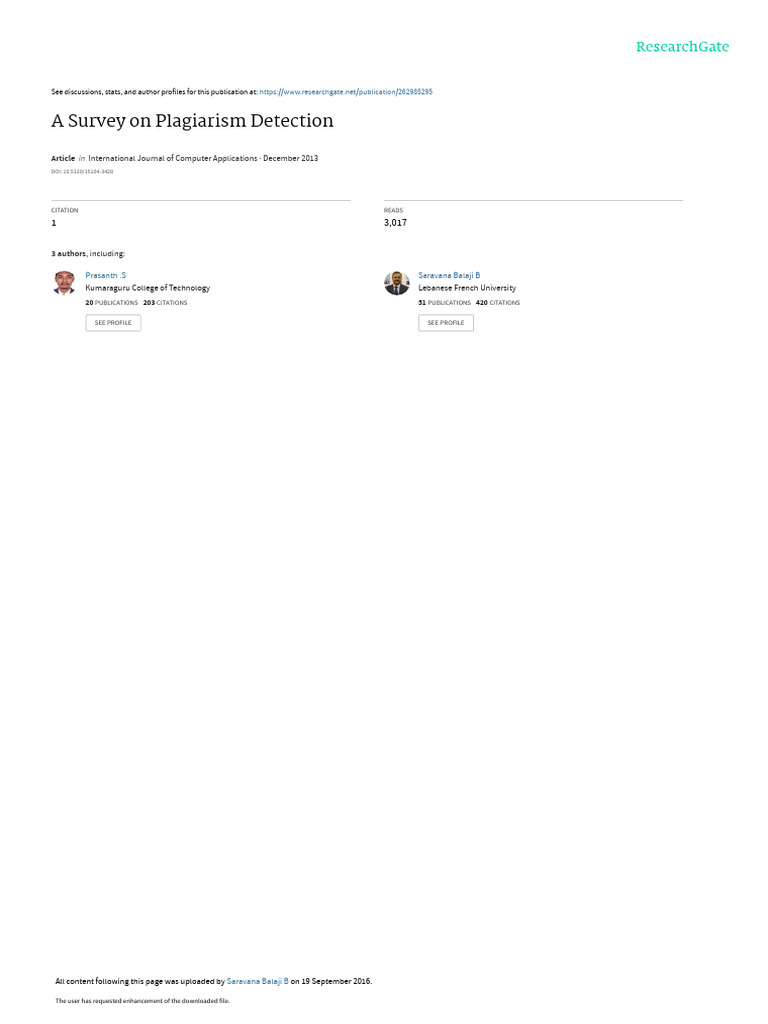 A Survey On Plagiarism Detection | PDF | Plagiarism | Turnitin