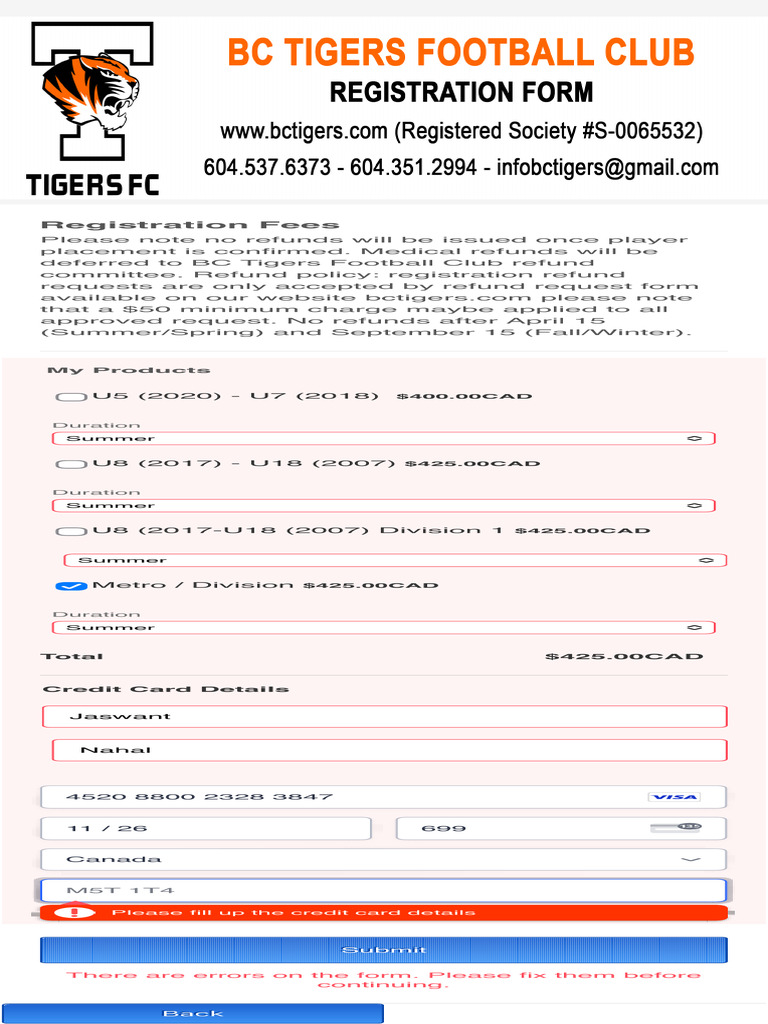 BC Tigers Football Registration Form | PDF