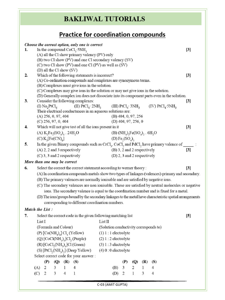 Coordination Compounds Practice Guide | PDF