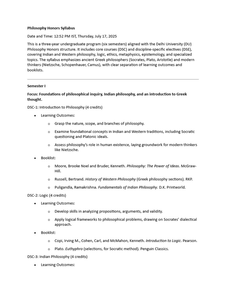 Philosophy Honors Syllabus | PDF | Western Philosophy | Plato