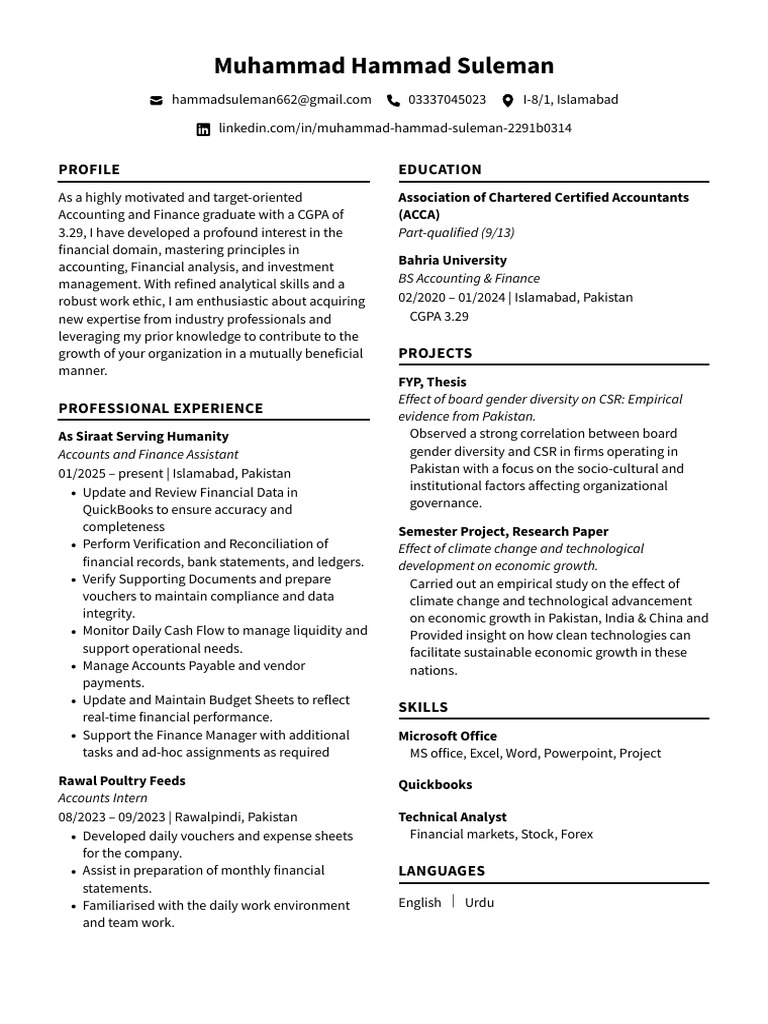Muhammad Hammad Suleman CV Resume | PDF | Accounting | Economies