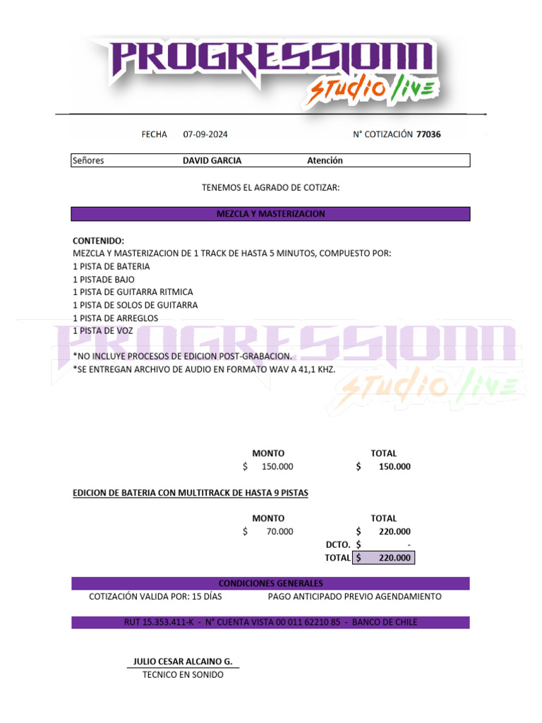 Cotizacion 77036 David Garcia - Mix y Mastering 1 Track | PDF