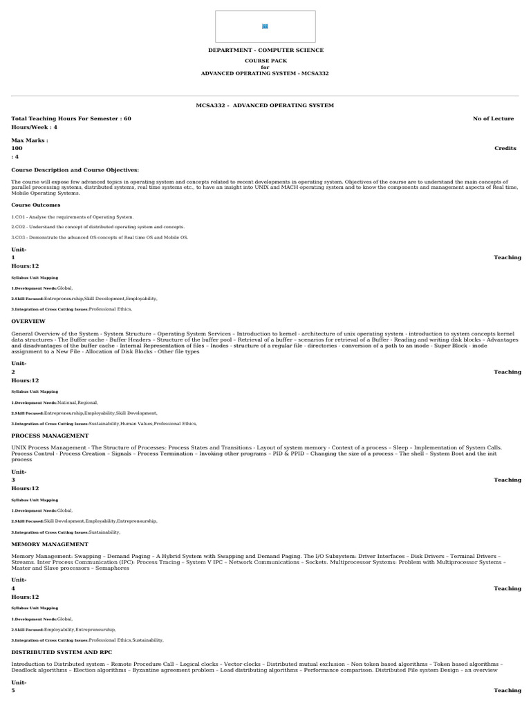 Advanced Operating System (Mcsa332) - 1689429677824 | PDF | Operating System | Process (Computing)
