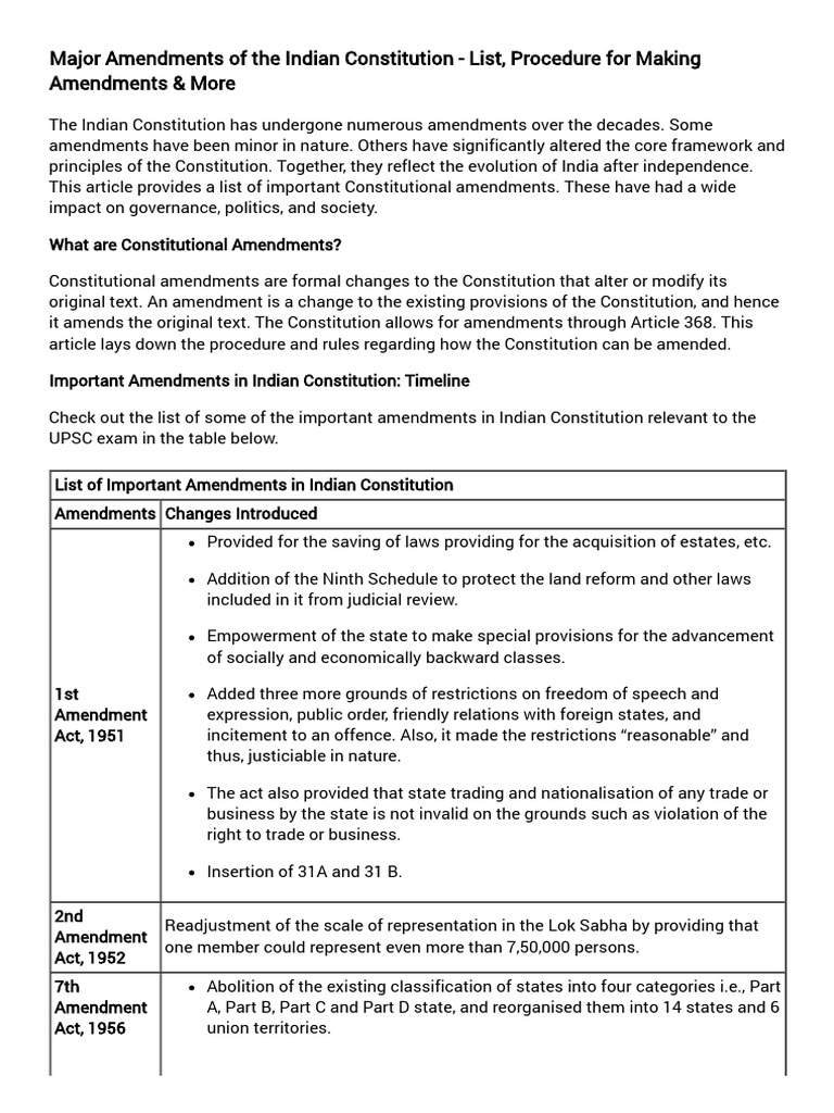 Key Amendments of Indian Constitution | PDF | Constitutional Amendment ...