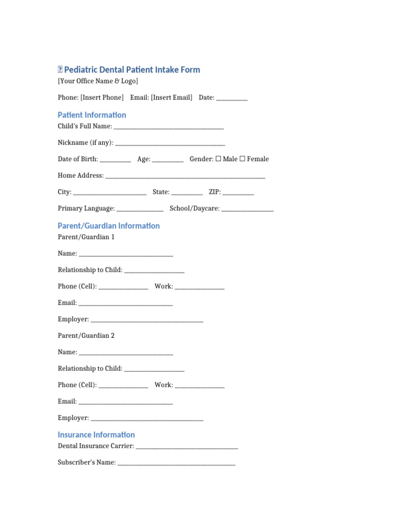 Pediatric Dental Intake Form | PDF | Medical Specialties | Diseases And ...