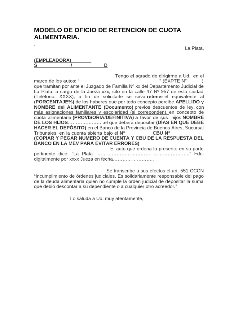 Modelo de Oficio de Retencion de Cuota Alimentaria | PDF