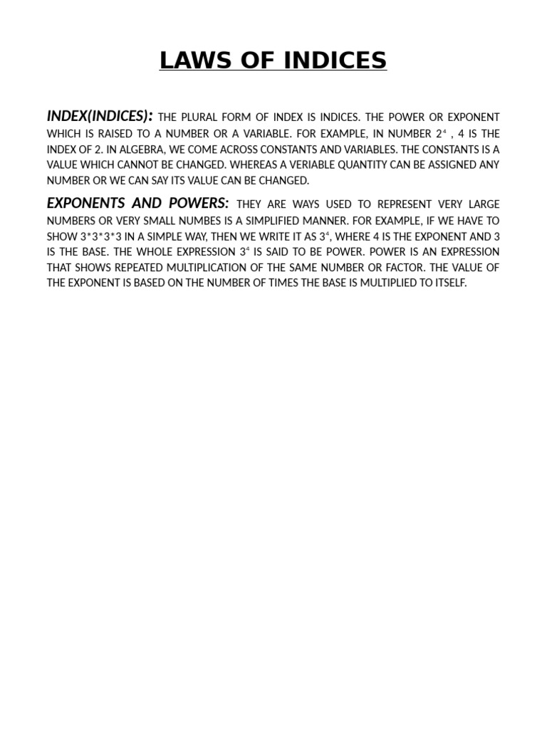Laws of Indices Explained | PDF