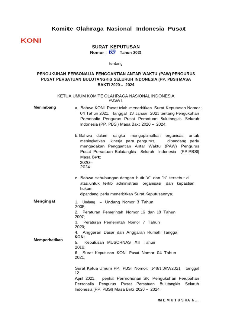 PAW Pengurus PBSI 2021-2024 | PDF