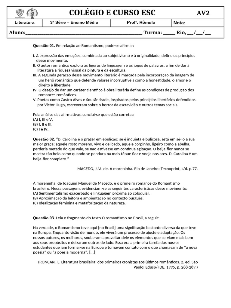 Inclusão Av2 Literatura Não Finalizadoooo | PDF | Romantismo | Poesia