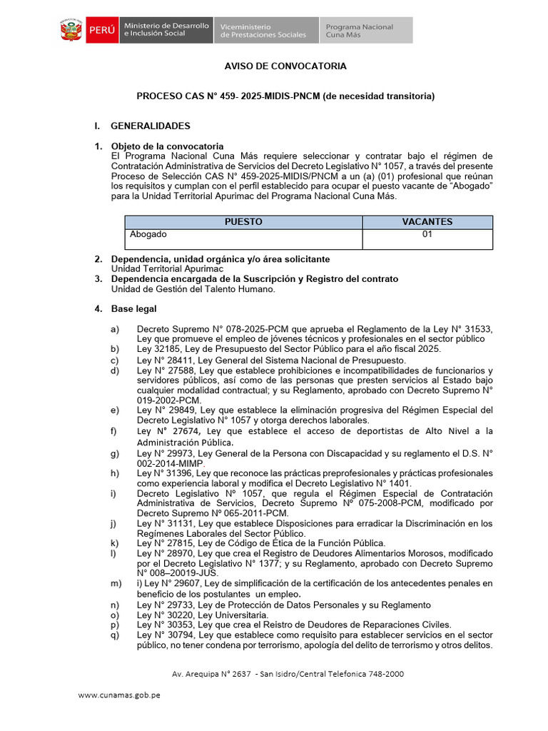 Proceso Cas #459-2025-Midis-Pncm-Abogado | PDF | Derecho laboral | Gestión de recursos humanos