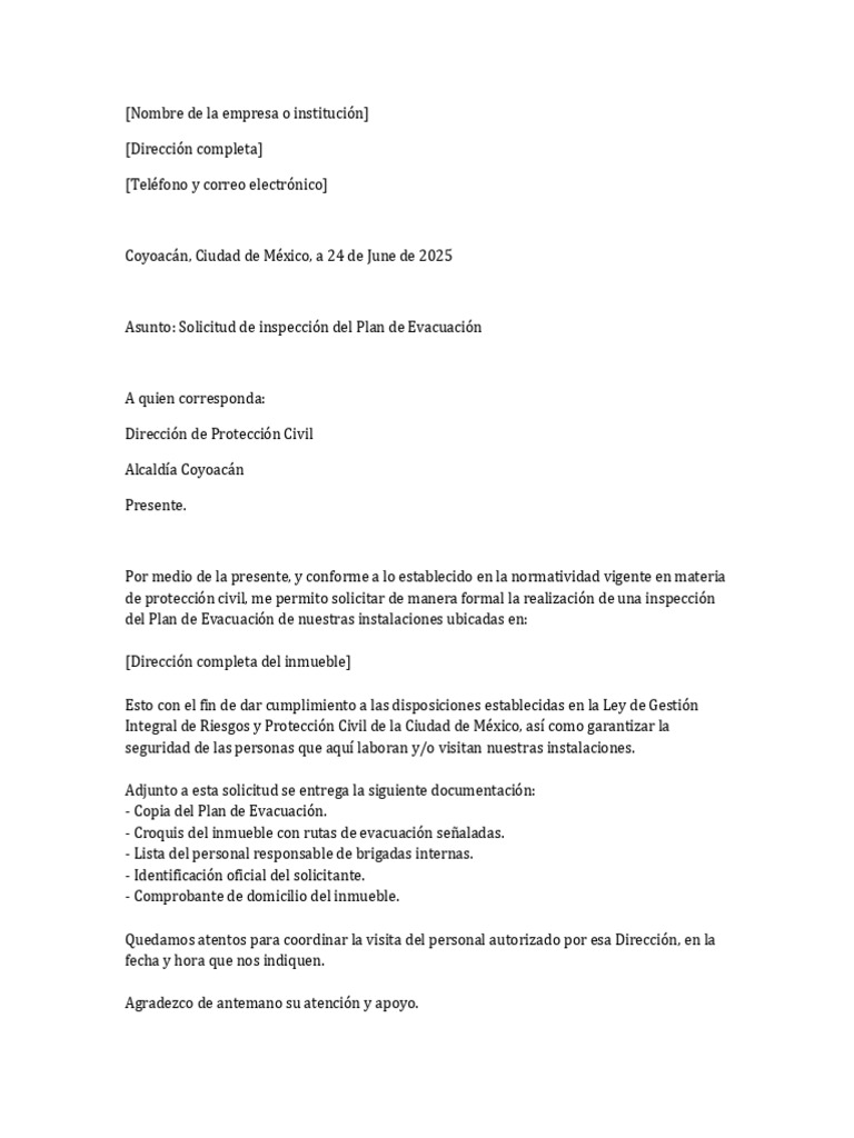 Solicitud Inspeccion Plan Evacuacion Coyoacan | PDF