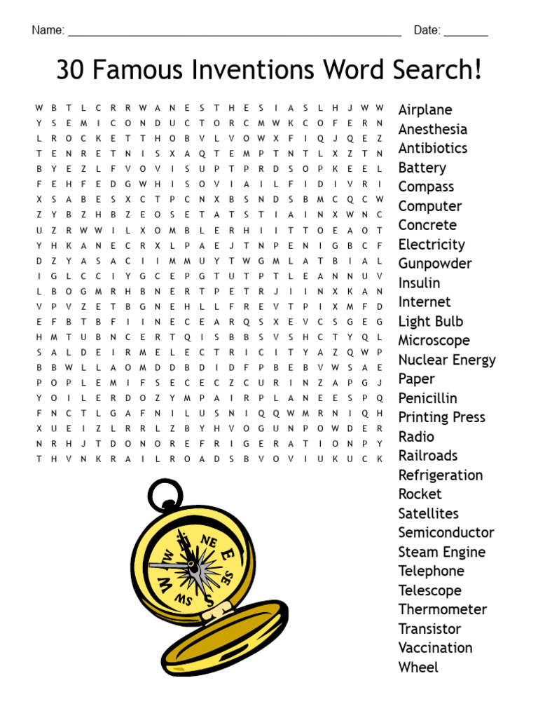 30 Famous Inventions Word Search!: Name: - Date | PDF | Electricity ...