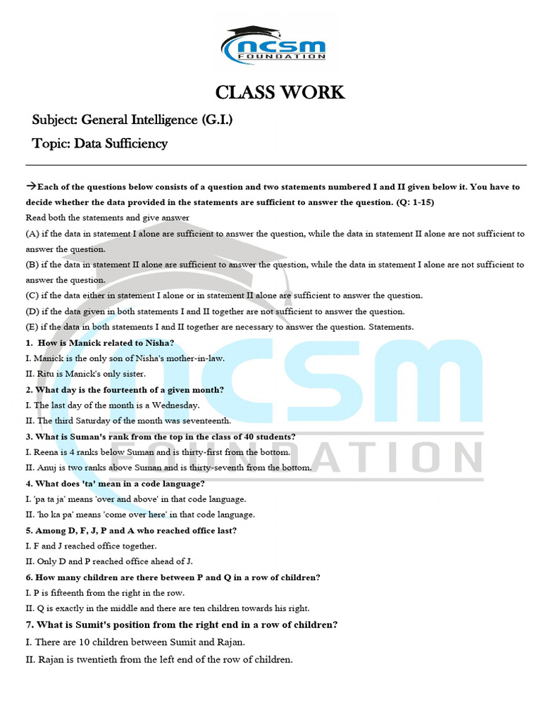 Data Sufficiency Class Work (English Version) | PDF | Chess Openings ...