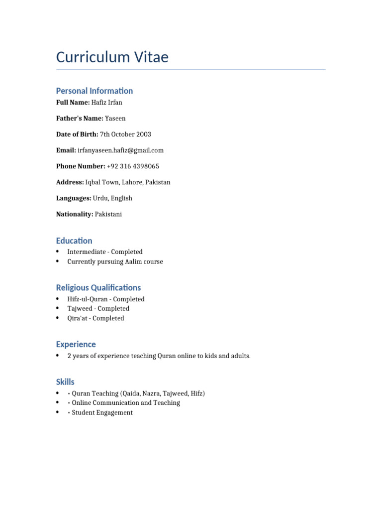 CV of Hafiz Irfan for Quran Teaching | PDF