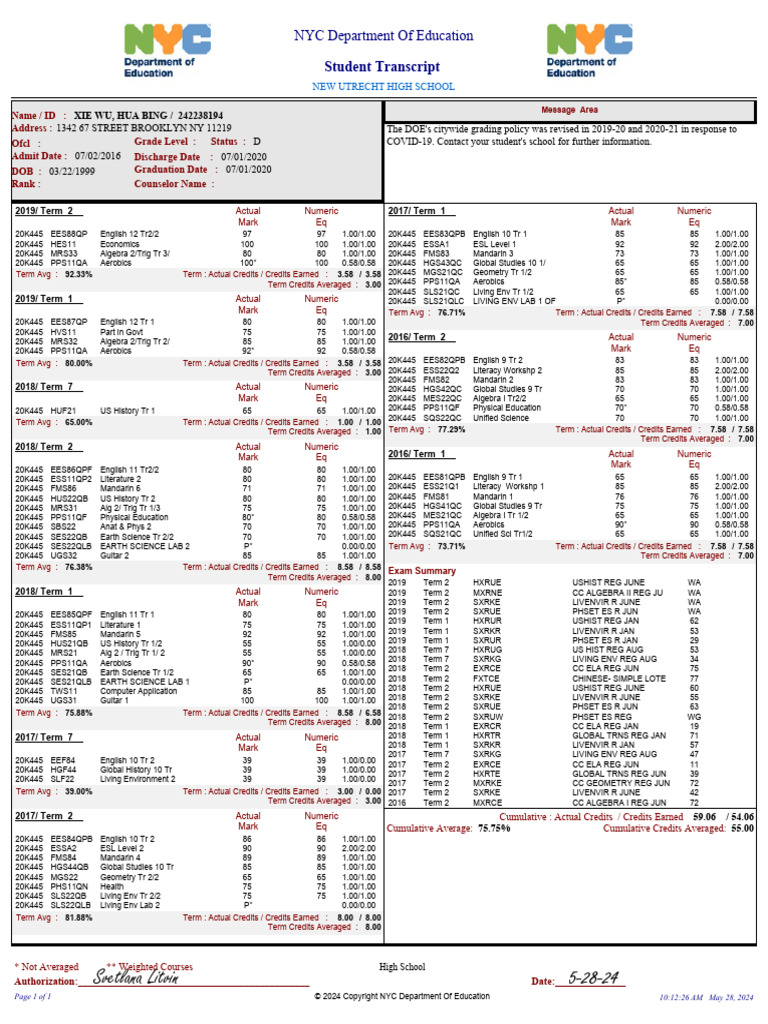 Hua Bing Xie Wu's Official Transcript | PDF