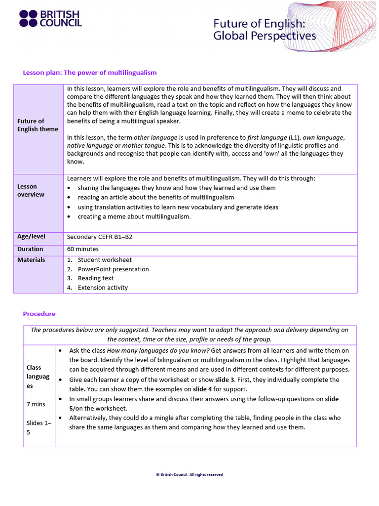 Benefits of Multilingualism Lesson Plan | PDF | Multilingualism | First ...