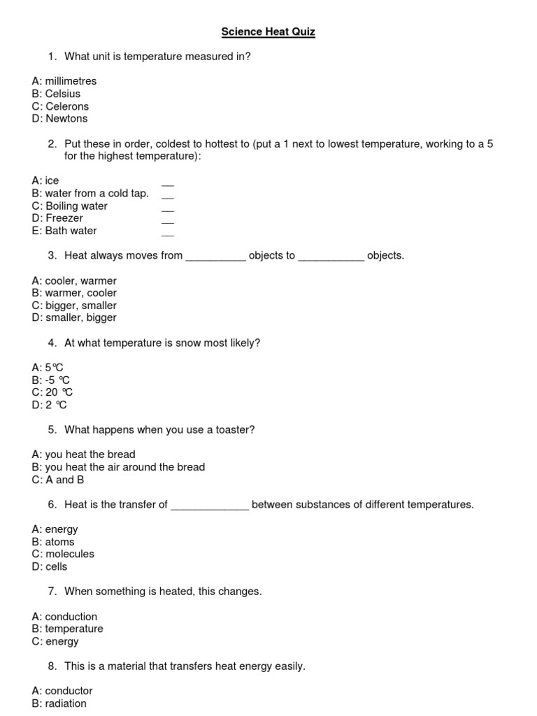 Science Heat Quiz 21212 | PDF