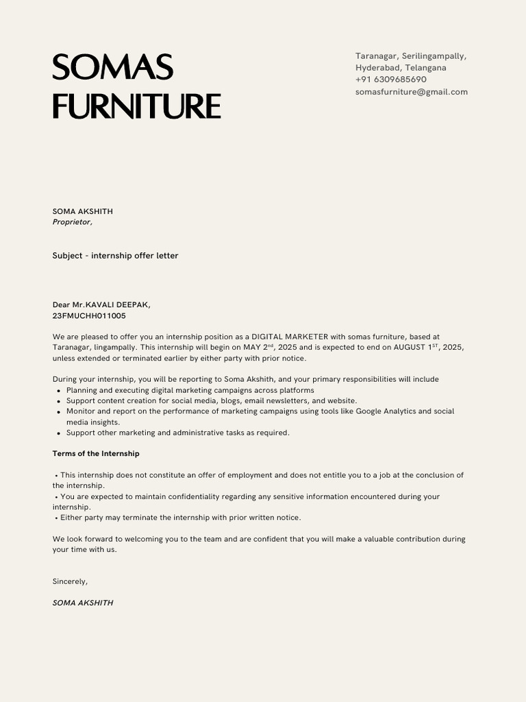 Kavali Deepak Offer Letter | PDF