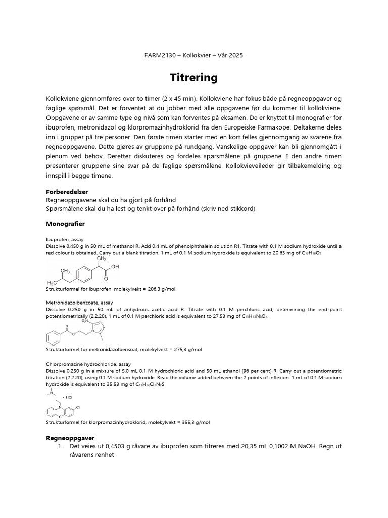 Kollokvieoppgaver Titrering 2025 | PDF