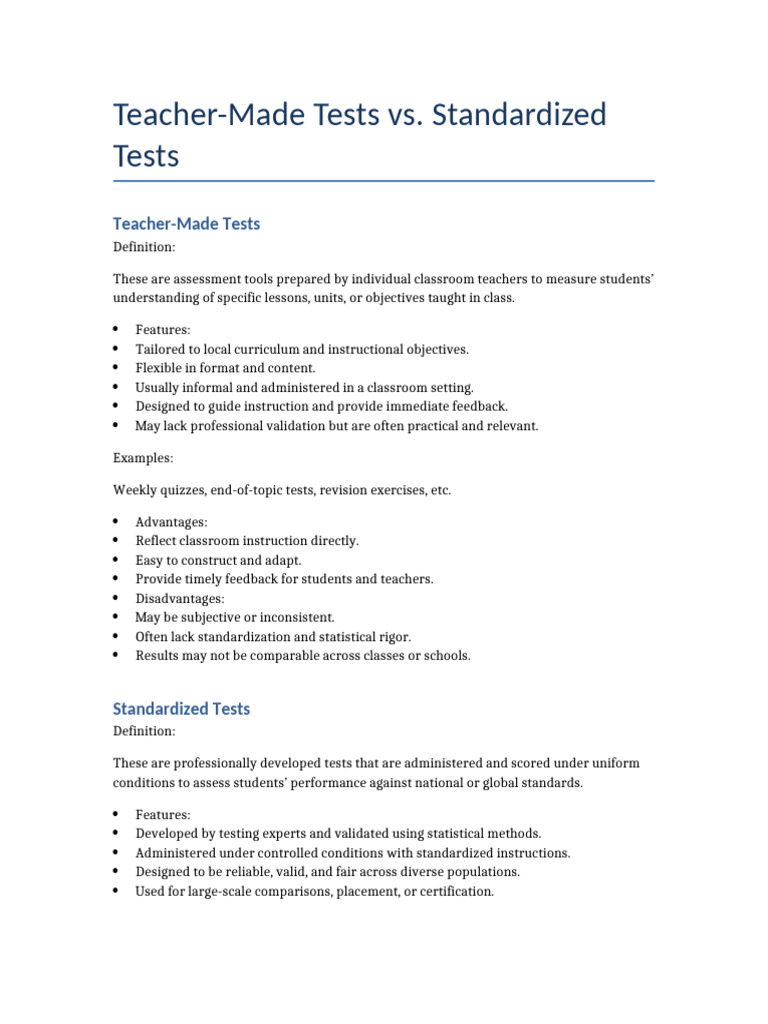 Teacher-Made Vs Standardized Tests | PDF | Standardized Tests | Teachers