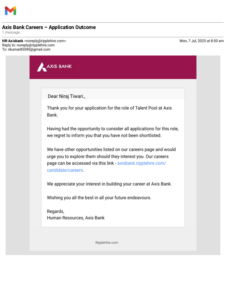 Gmail - Axis Bank Careers - Application Outcome | PDF