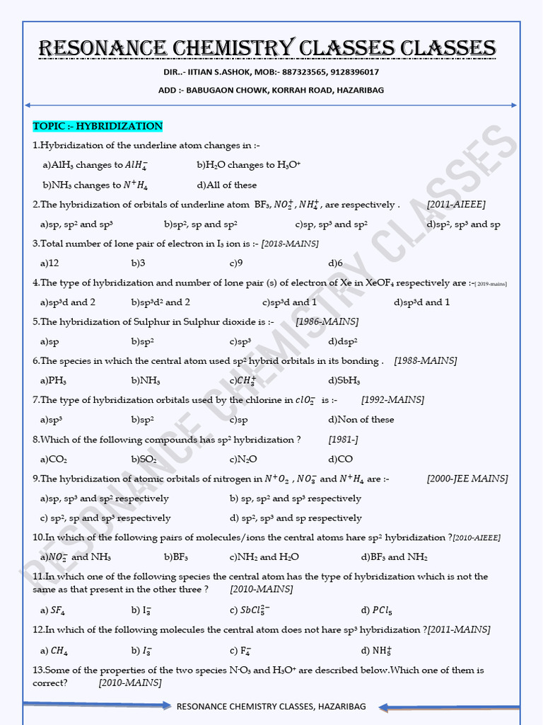 VSEPR and Hybridization Questions | PDF | Molecular Physics | Chemistry
