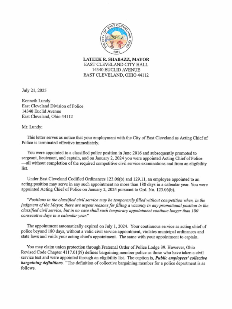 East Cleveland Mayor Lateek Shabazz Termination Letter To Police Chief ...