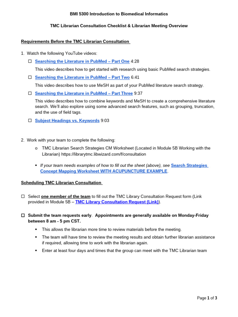 BMI 5300 TMC Librarian CheckList | PDF | Pub Med | Information Science