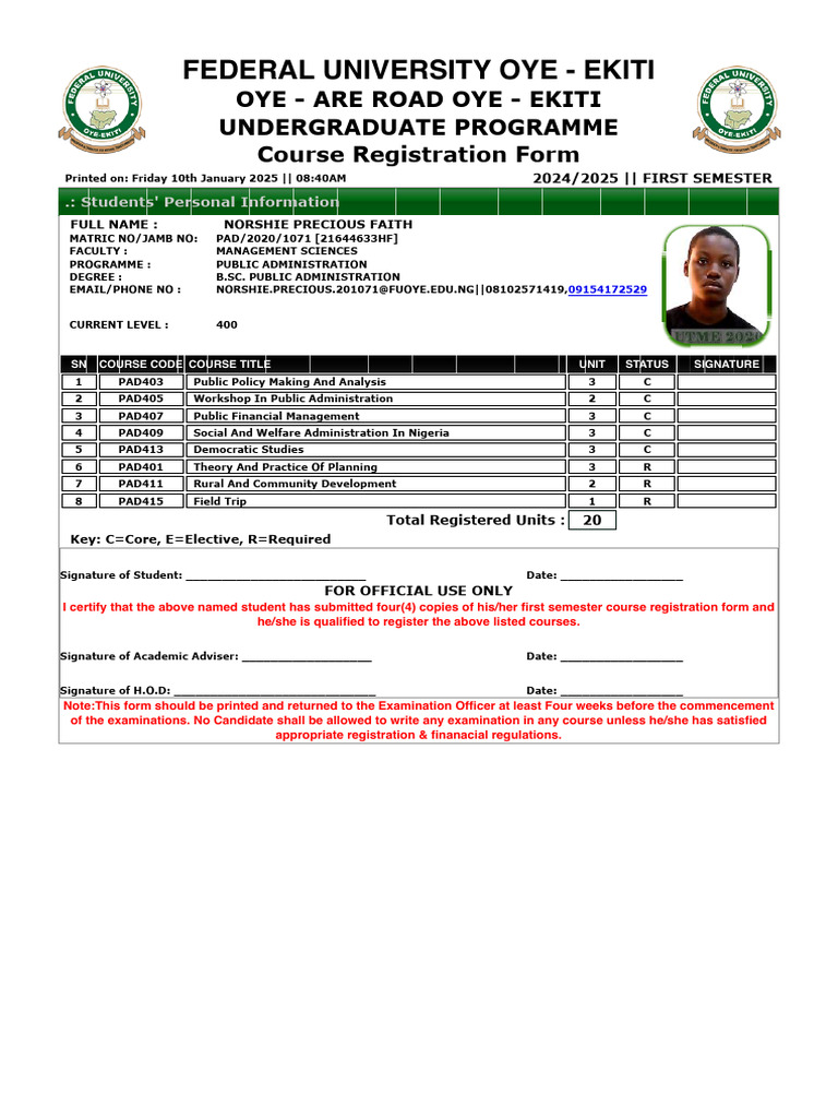 Course Registration Form-Norshie Precious Faith FIRST Semester 2024 ...