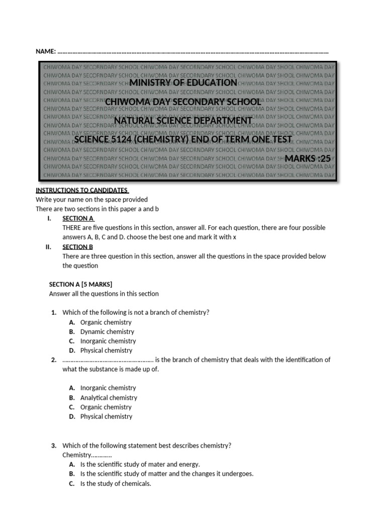 Chemistry End of Term One Test | PDF | Chemistry | Matter