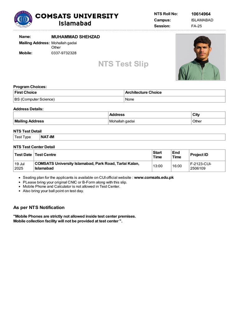 Shehzad Admit Card | PDF