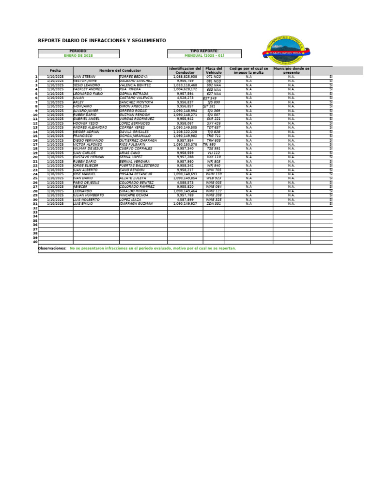Reporte Mensual de Multas e Infracciones Enero 2025 | PDF