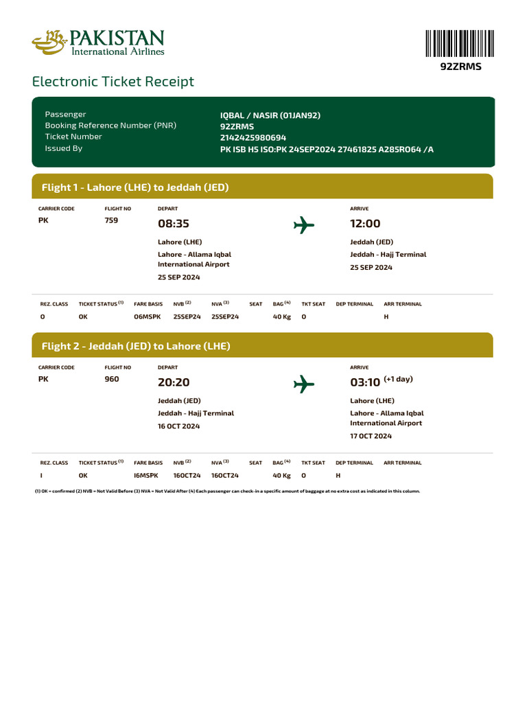 PK 759 Flight Status: Lahore to Jeddah | PDF | Airport | Lahore