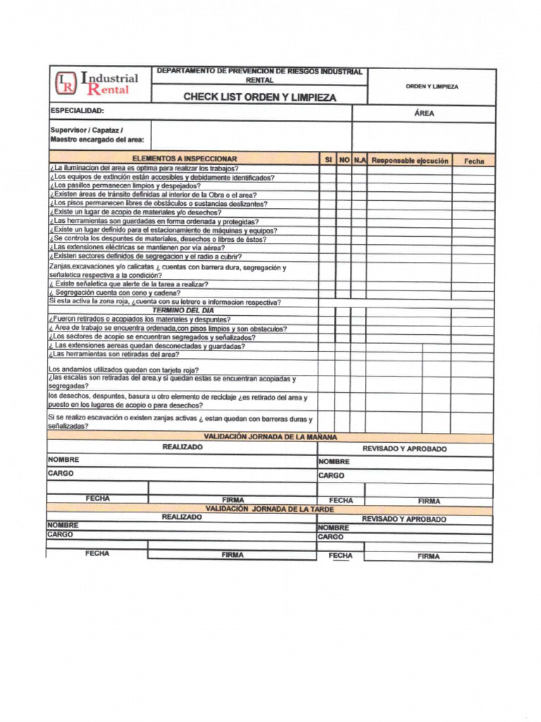 Check List Orden y Limpieza | PDF