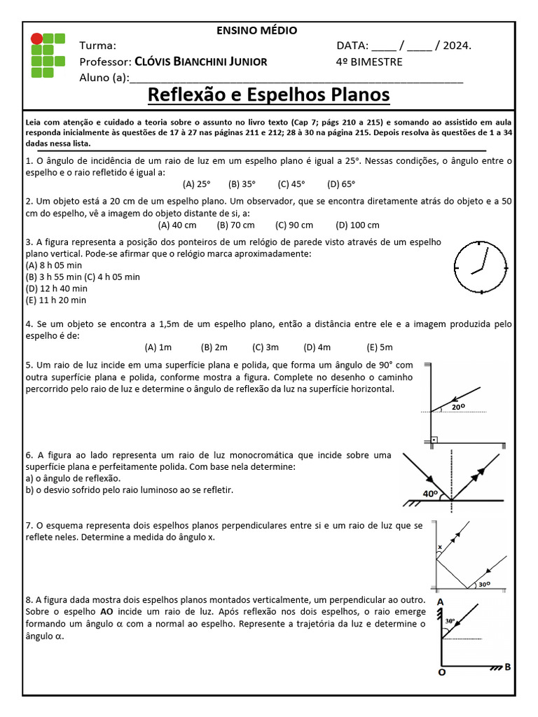 Física 2024 - Prof. Clóvis - Óptica Geométrica - Exercícios Sobre ...